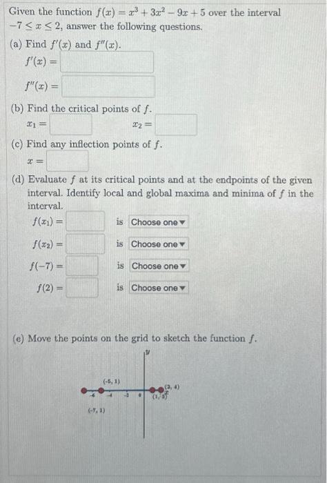 Given the function f(x)=x3+3x2−9x+5 over the interval | Chegg.com