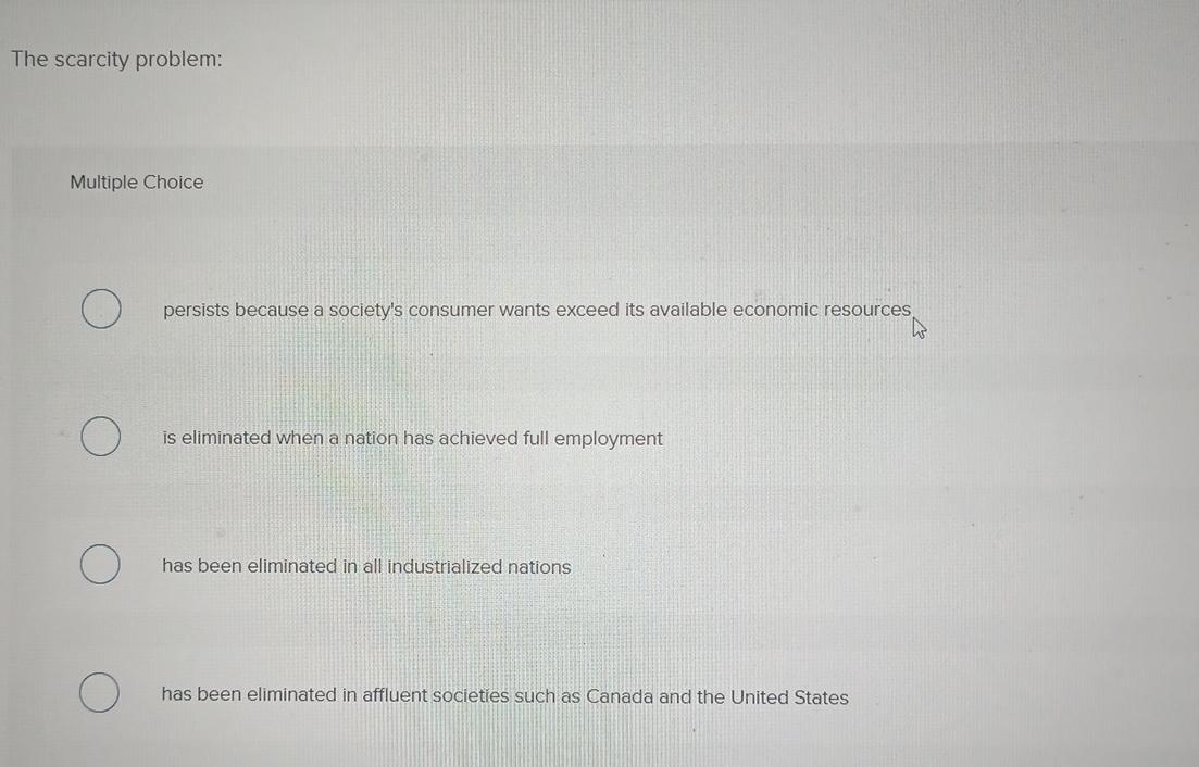 Solved The scarcity problem:Multiple Choicepersists because | Chegg.com