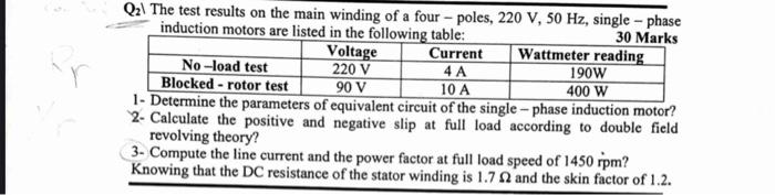 Solved Q2 The test results on the main winding of a four - | Chegg.com