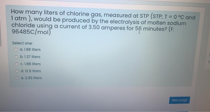 Solved How many liters of chlorine gas, measured at STP | Chegg.com