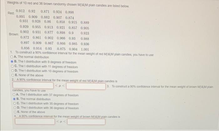 Solved Weights of 10 red and 36 brown randomly chosen M/1\&M | Chegg.com