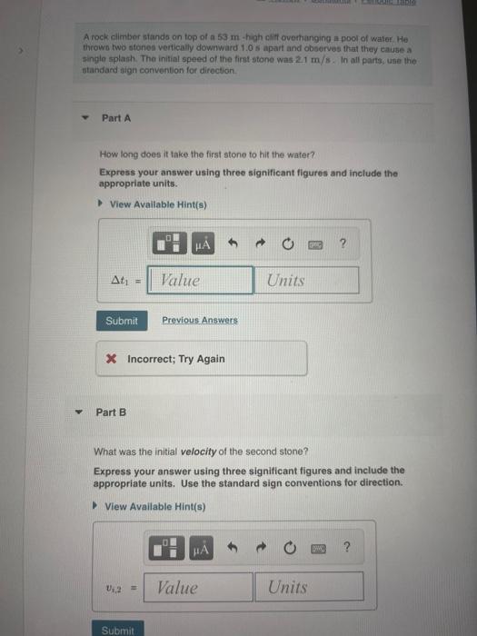 Solved A rock climber etands on top of a 53 m-high cliff | Chegg.com