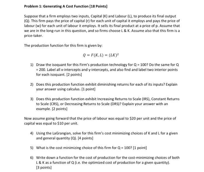 Problem 1: Generating A Cost Function [18 Points] | Chegg.com
