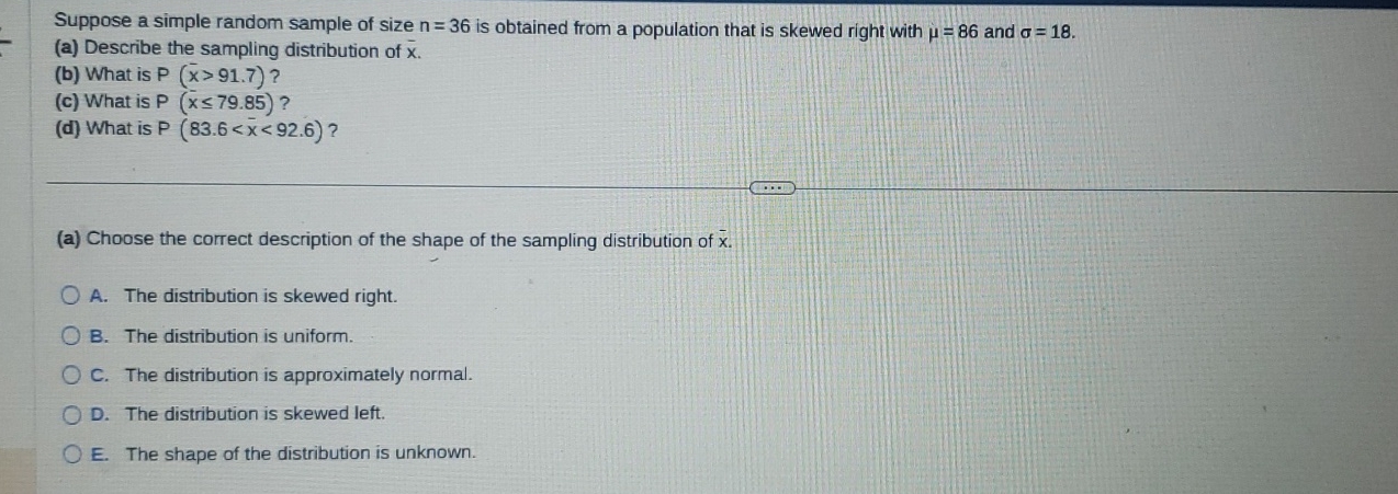 Solved Suppose a simple random sample of size n=36 ﻿is | Chegg.com