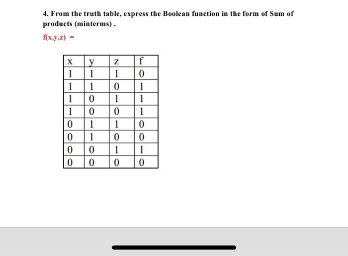 Solved 4. From the truth table, express the Boolean function | Chegg.com