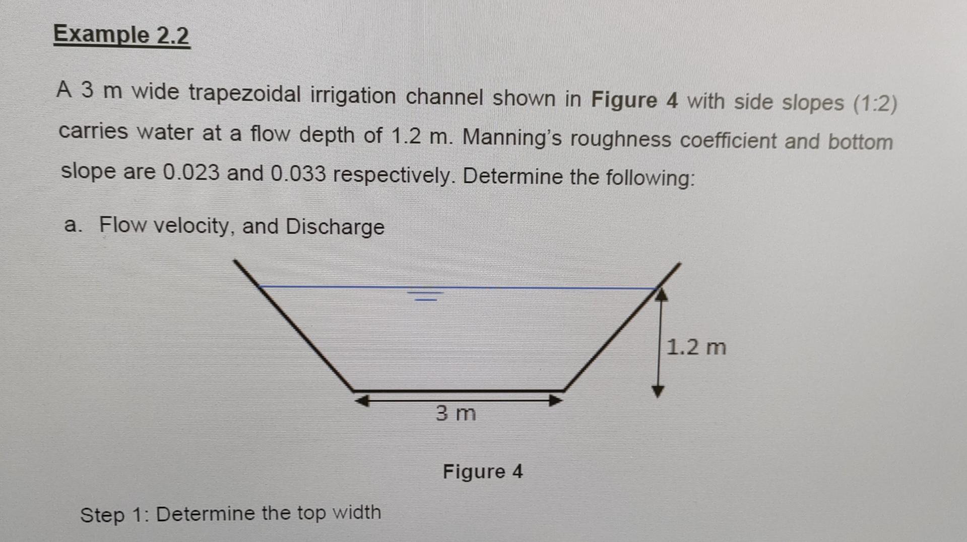 Solved Example 2.2 A 3 m wide trapezoidal irrigation channel | Chegg.com