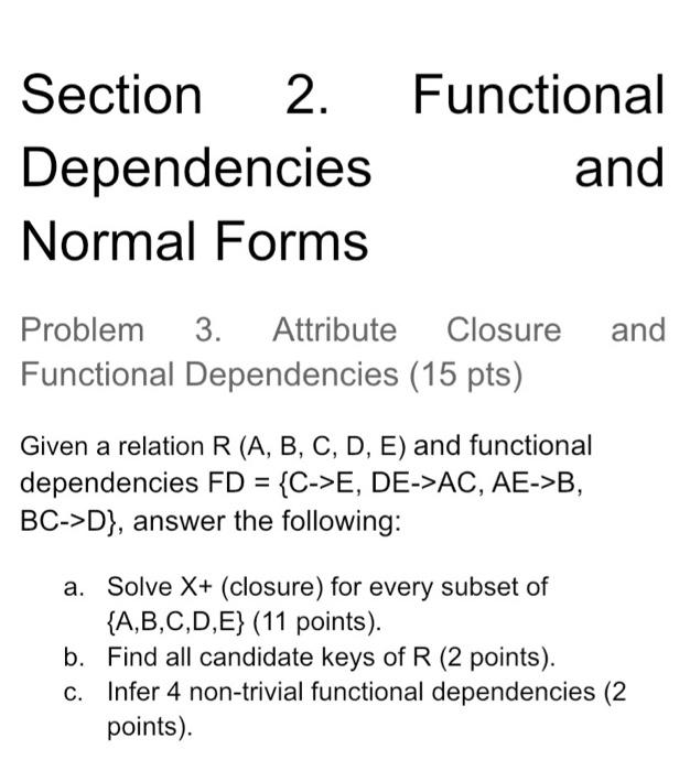 Solved Section 2. Dependencies Normal Forms Functional and | Chegg.com