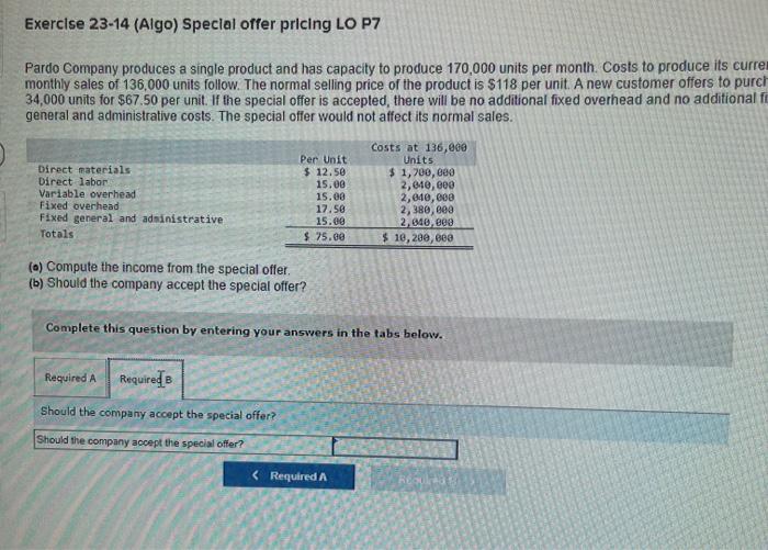 Solved Exercise 23-14 (Algo) Special offer pricing LO P7 | Chegg.com