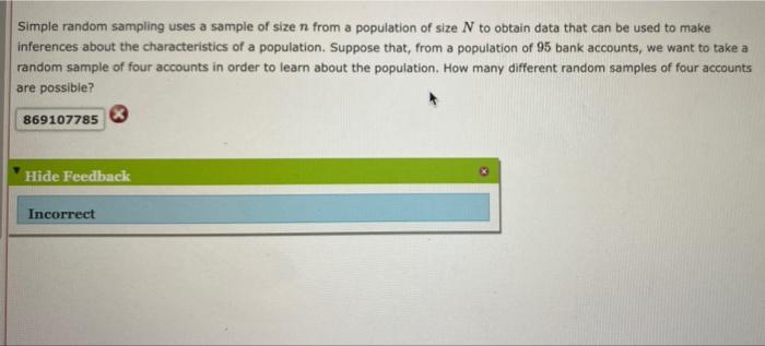 Solved Simple Random Sampling Uses A Sample Of Size N From A 