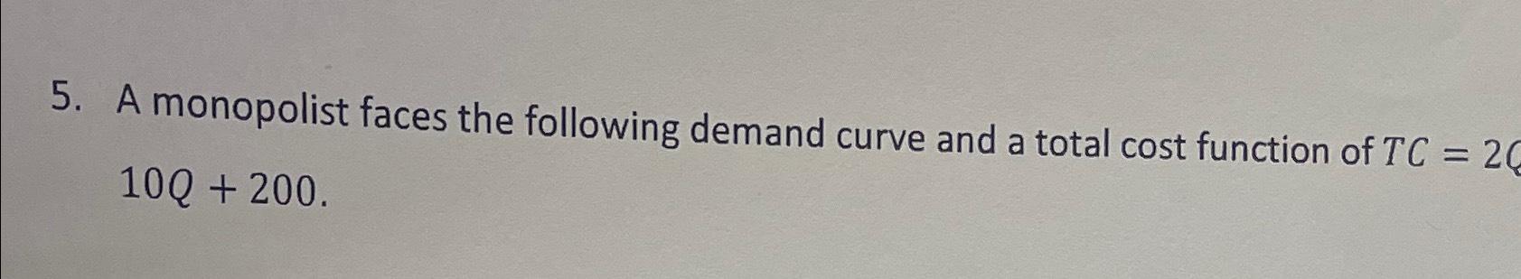 Solved A monopolist faces the following demand curve and a | Chegg.com