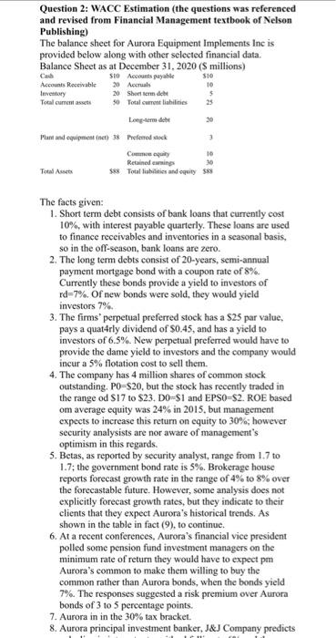 Question 2: WACC Estimation (the questions was | Chegg.com