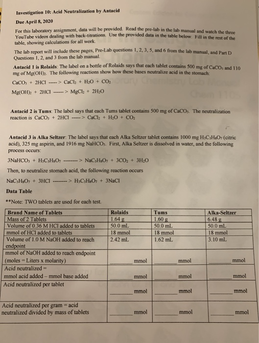 Solved Investigation 10: Acid Neutralization by Antacid Due | Chegg.com