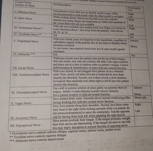Cranial Nerve Number & Name Test Description 1. | Chegg.com