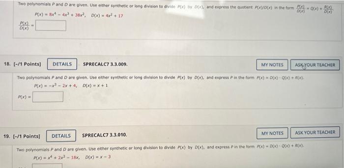 Solved Two polynomials P and D are given. Use either | Chegg.com