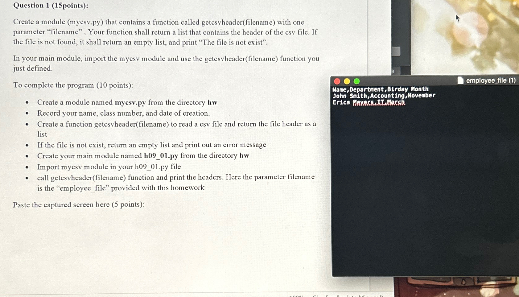 Solved Question 1 (15points):Create a module (mycsv.py) | Chegg.com