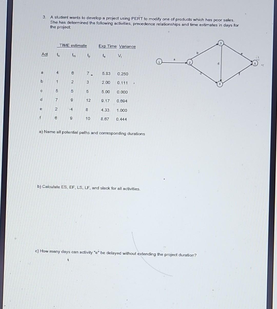 Solved 3. A student wants to develop a project using PERT to | Chegg.com