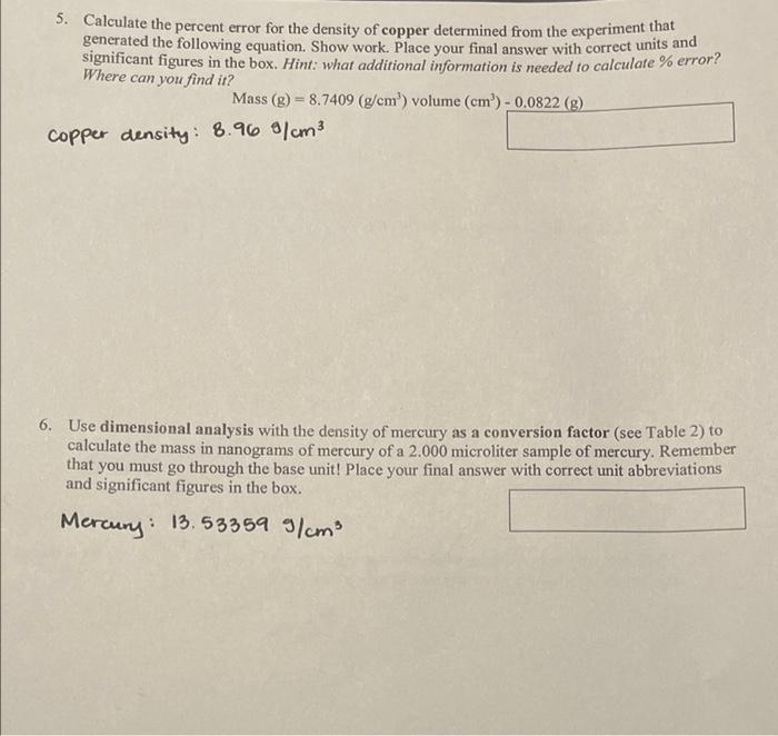 Solved 5. Calculate the percent error for the density of | Chegg.com