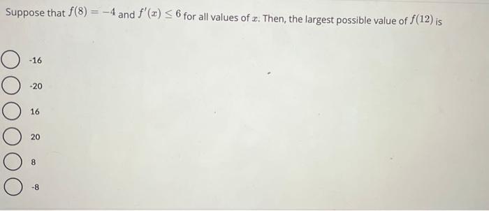 Solved Suppose that f(8)=−4 and f′(x)≤6 for all values of x. | Chegg.com