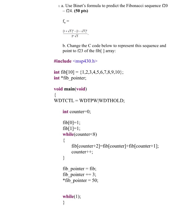 1. a. Use Binet's formula to predict the Fibonacci | Chegg.com