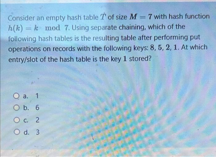 Solved Consider an empty hash table T' of size M = 7 with | Chegg.com