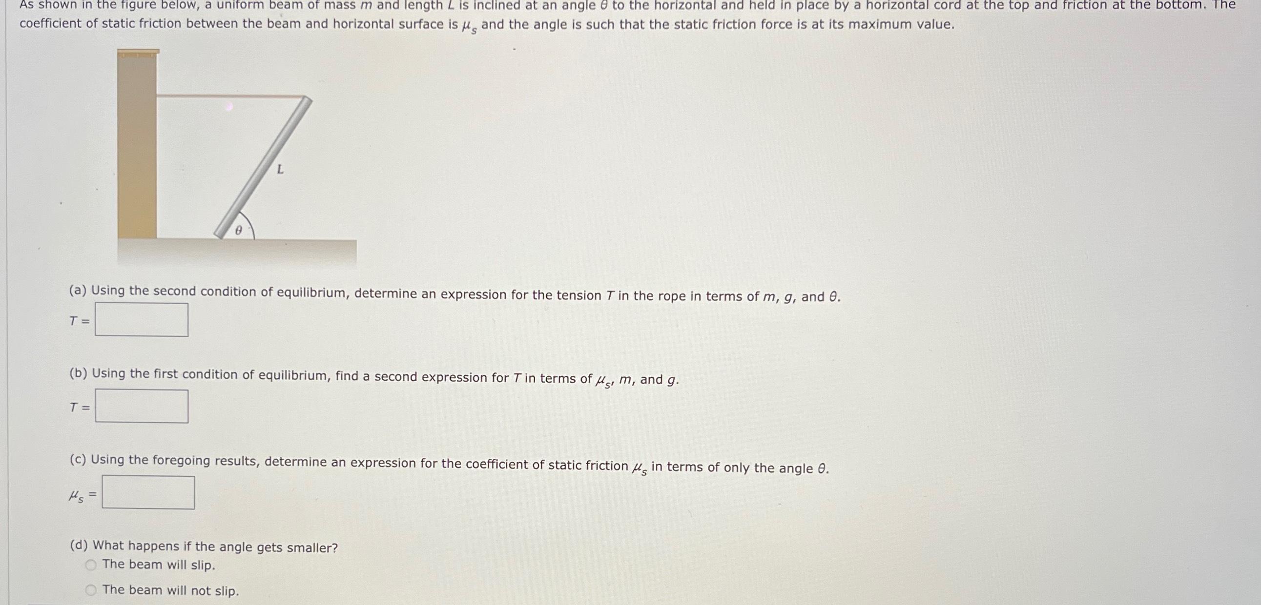 Solved coefficient of static friction between the beam and | Chegg.com