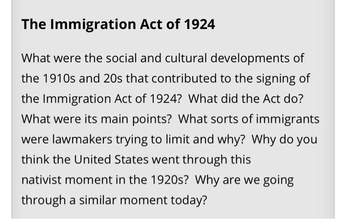 Solved The Immigration Act of 1924 What were the social and | Chegg.com