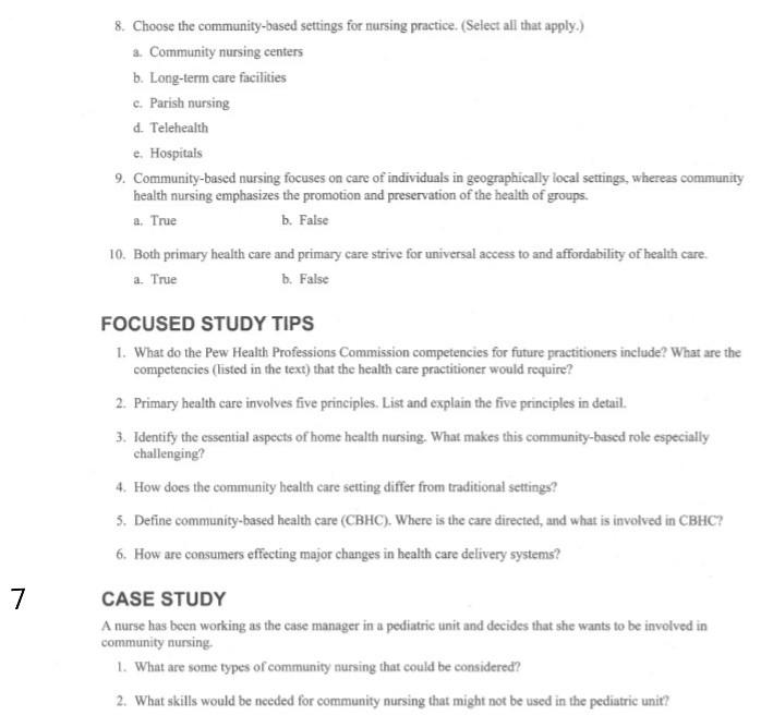 Solved 8. Choose the community-based settings for nursing | Chegg.com