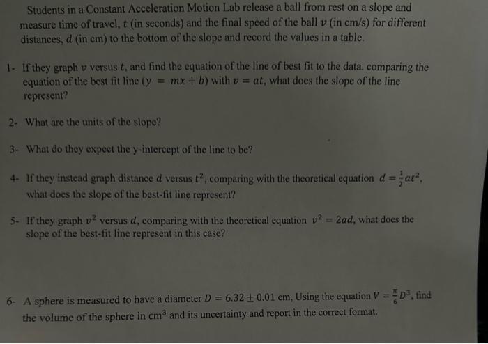 Solved Students in a Constant Acceleration Motion Lab | Chegg.com