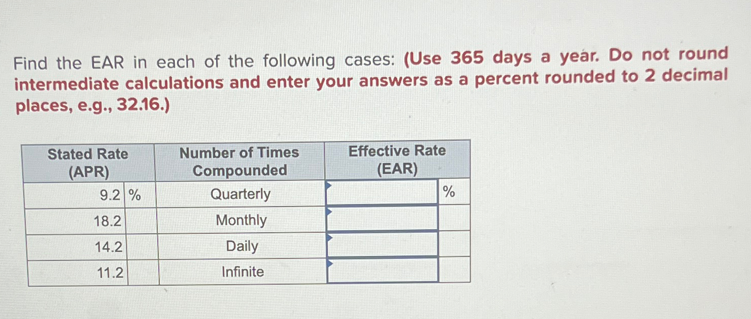 Solved Find the EAR in each of the following cases: (Use 365 | Chegg.com