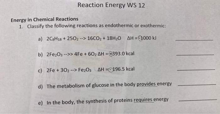 Solved Reaction Energy WS 12 Energy in Chemical Reactions 1. | Chegg.com