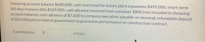Solved Chequing account balance $680,000; cash restricted | Chegg.com