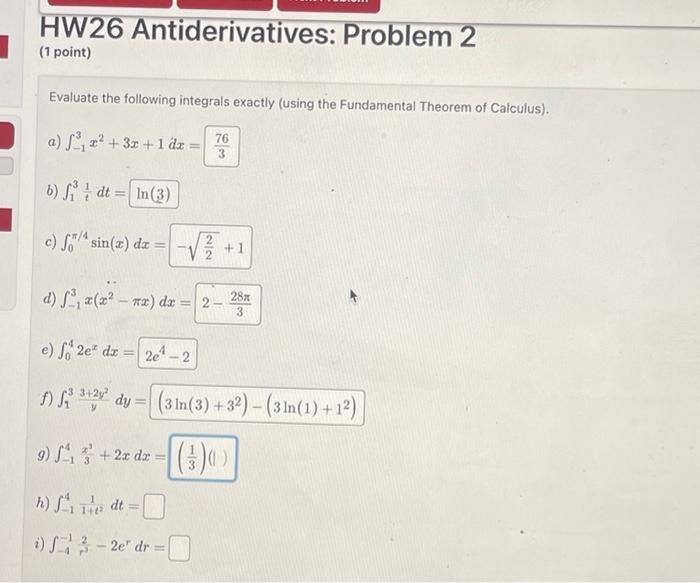 Solved HW26 Antiderivatives: Problem 2 (1 point) Evaluate | Chegg.com