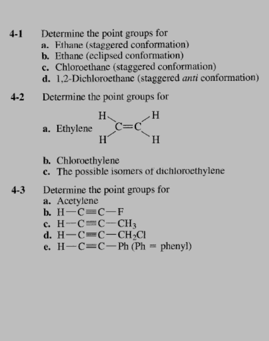 Solved 4-1 Determine the point groups for a. Ethane | Chegg.com