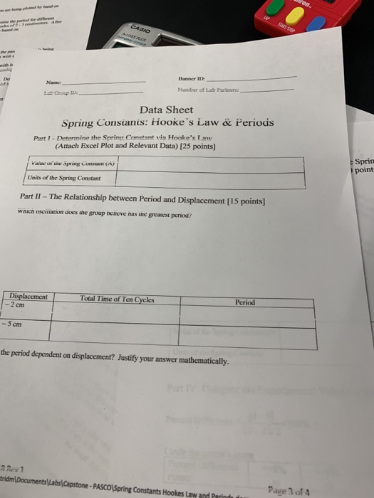 CASIO li Hanner : Name Data Sheet Spring Constants: | Chegg.com