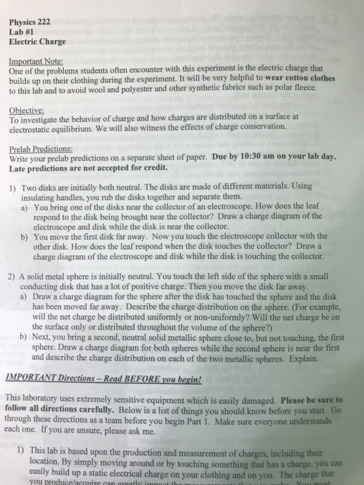 Solved Physics 222 Lab #1 Electric Charge Important Note: | Chegg.com