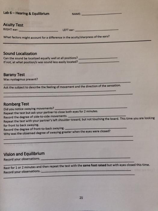 Lab 6 - Hearing & Equilibrium NAME: Acuity Test RIGHT | Chegg.com