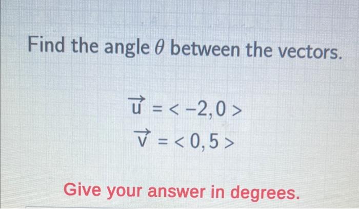Solved Find the angle θ between the vectors. u= −2,0 v= 0,5 | Chegg.com