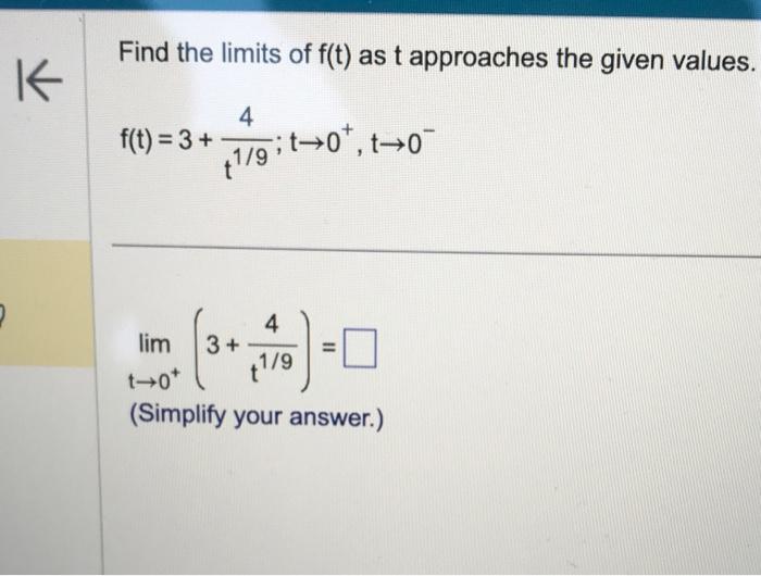 Solved Find the limits of f(t) as t approaches the given | Chegg.com