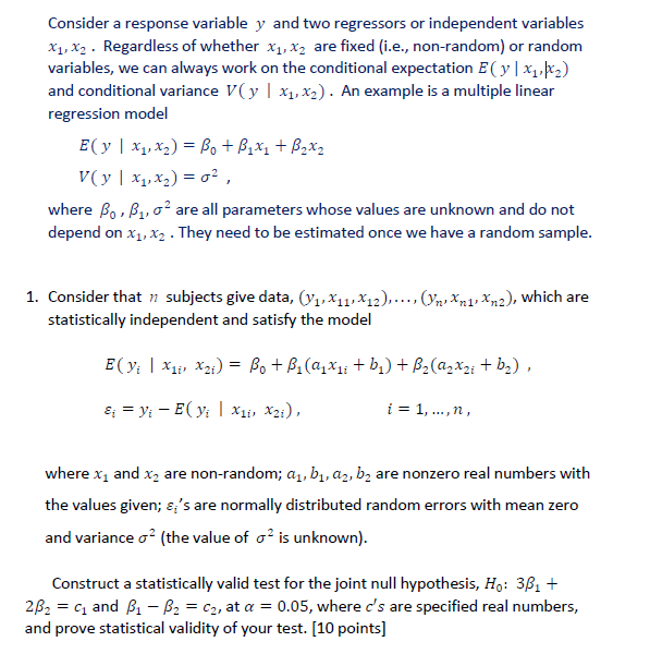 Solved Consider a response variable 𝑦 ﻿y and two regressors | Chegg.com