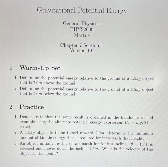 Solved Gravitational Potential Energy General Physics I | Chegg.com