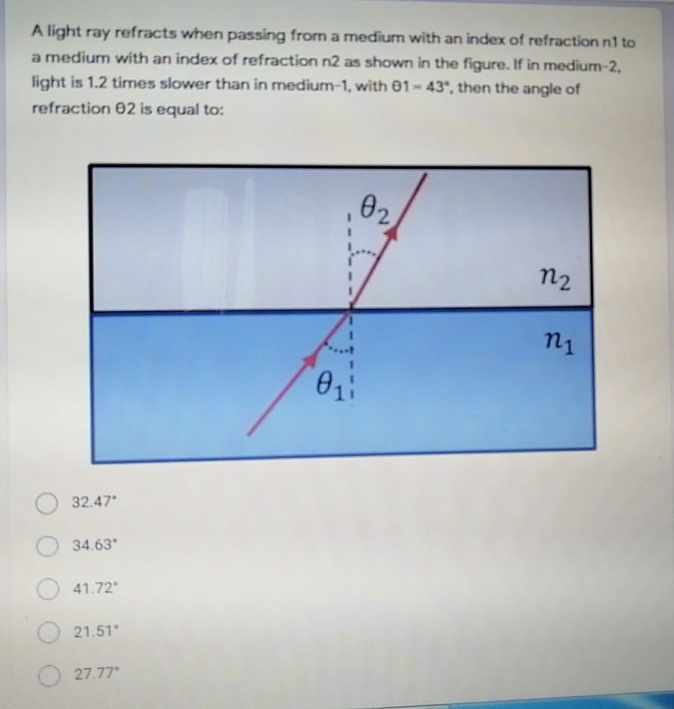 Solved A light ray refracts when passing from a medium with | Chegg.com