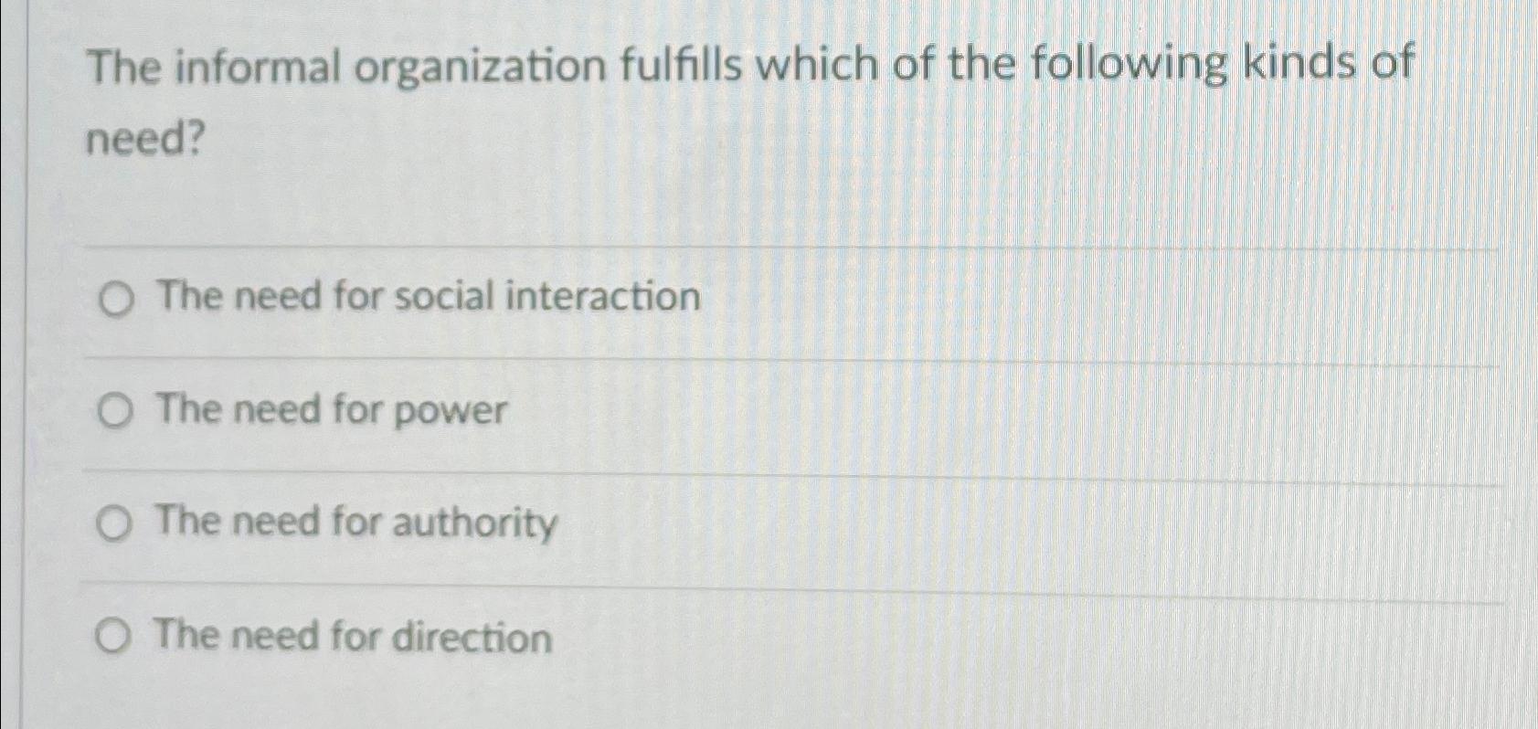 Solved The informal organization fulfills which of the | Chegg.com