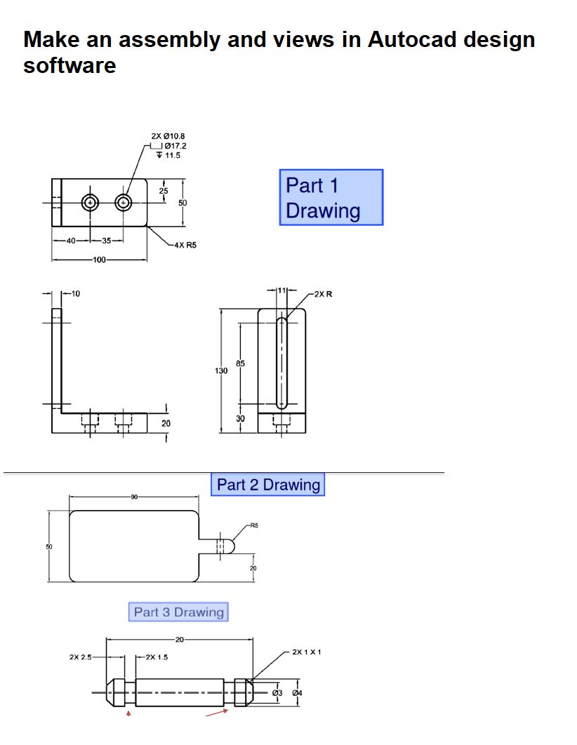 Solved Make an assembly and views in Autocad design software | Chegg.com