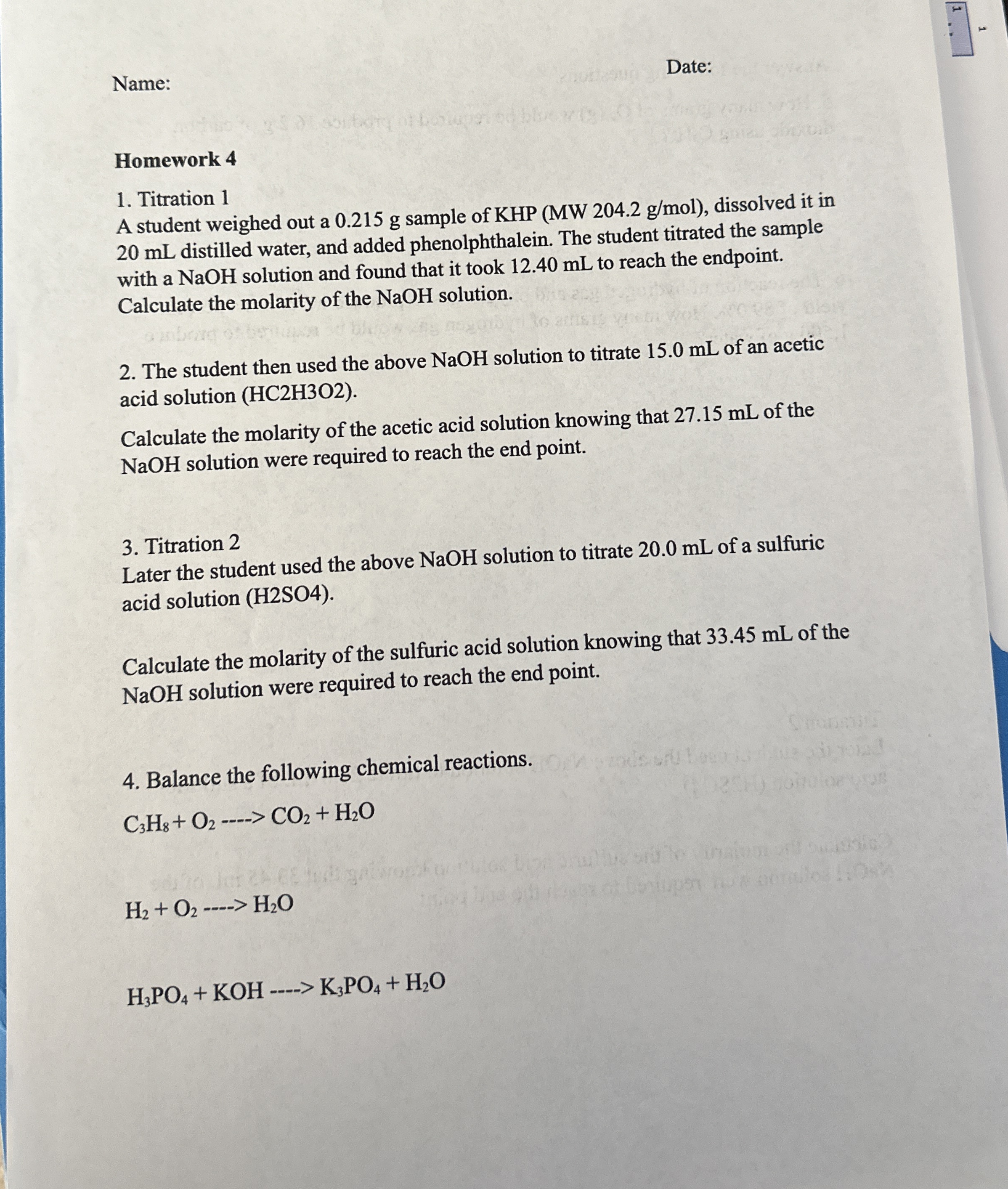 Solved Name:Date:Homework 4Titration 1A student weighed out | Chegg.com