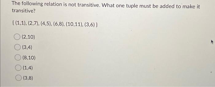 Solved The following relation is not transitive. What one | Chegg.com