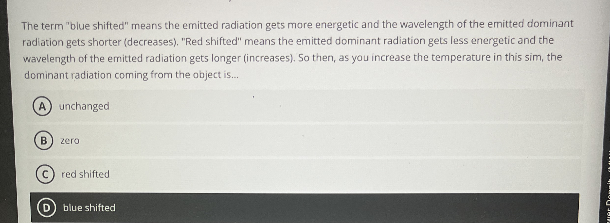 Solved The term "blue shifted" means the emitted radiation | Chegg.com