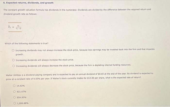 Solved 6. Expected returns, dividends, and growth The | Chegg.com