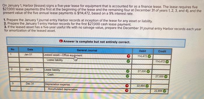 Solved On January 1, Harbor (lessee) signs a five-year lease | Chegg.com