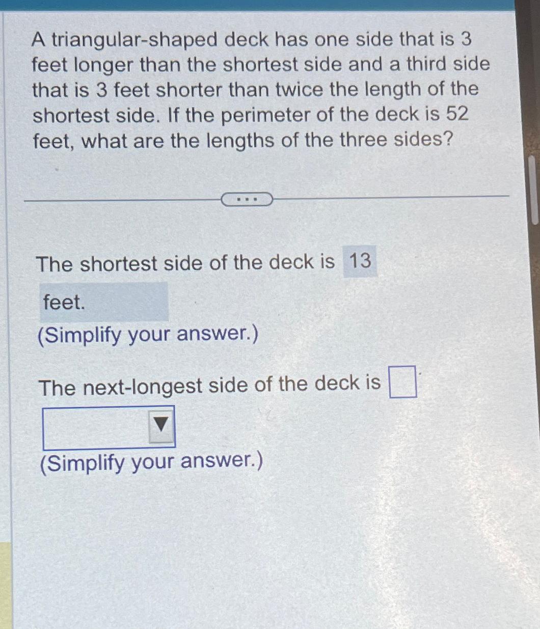 Solved A triangular-shaped deck has one side that is 3 ﻿feet | Chegg.com