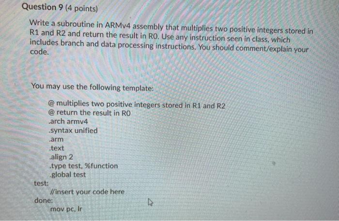 Solved Question 9 (4 points) Write a subroutine in ARMv4 | Chegg.com